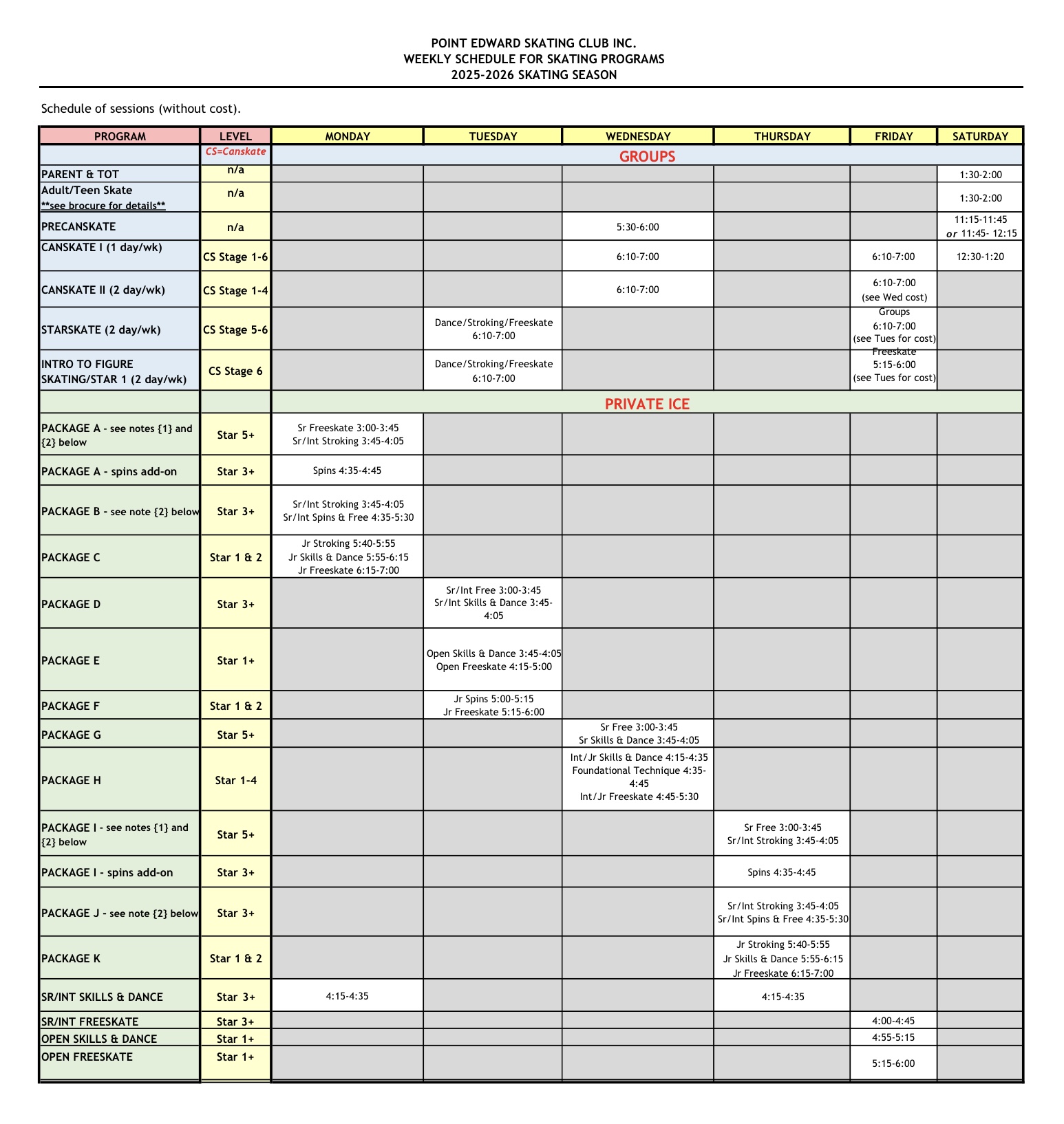 2025-2026 Schedule Preview :: Point Edward Skating Club powered by Uplifter